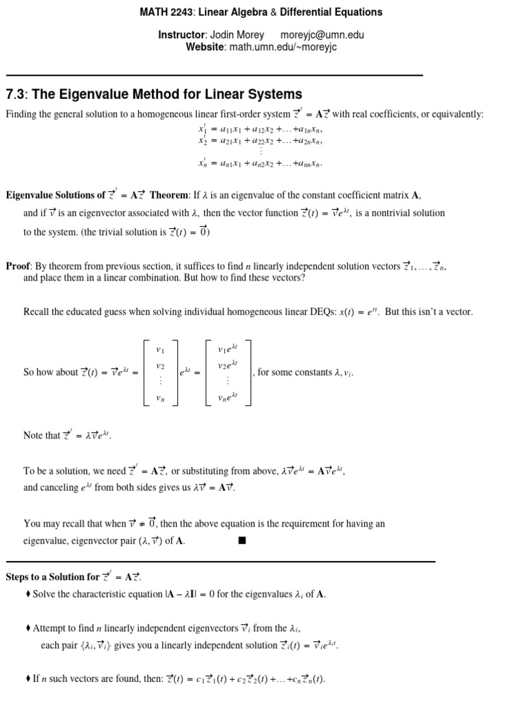 7 3 Eigenvalue Method For Linear Systems | PDF | Eigenvalues And Eigenvectors | System Of Linear ...