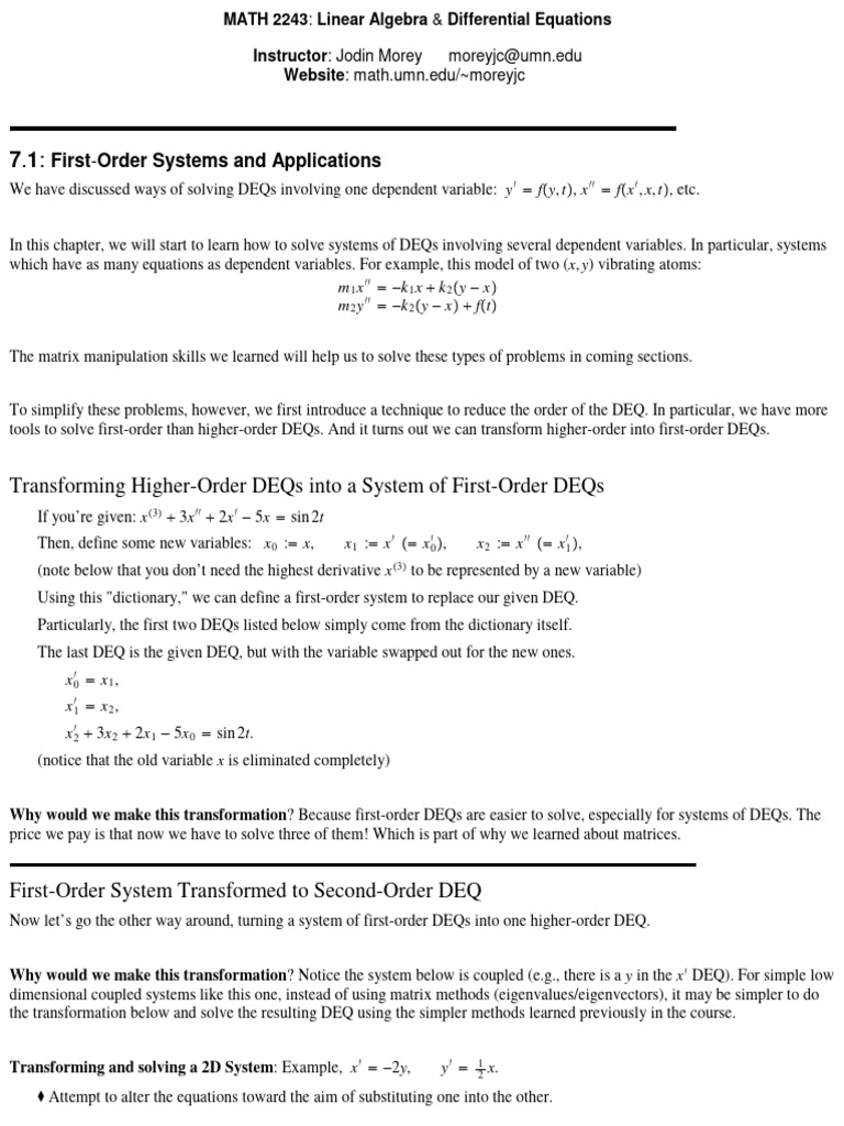 7 1 First Order Systems Pdf Matrix Mathematics Force