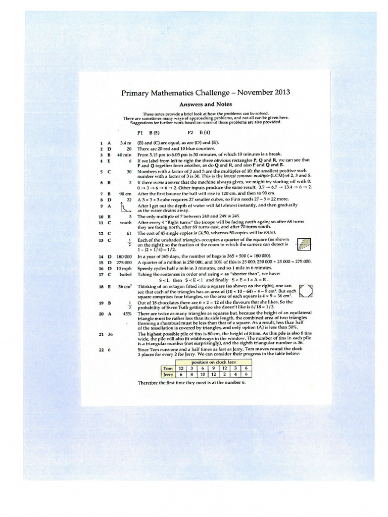 2013 Fobisia Primary Math Challenge Answers | PDF