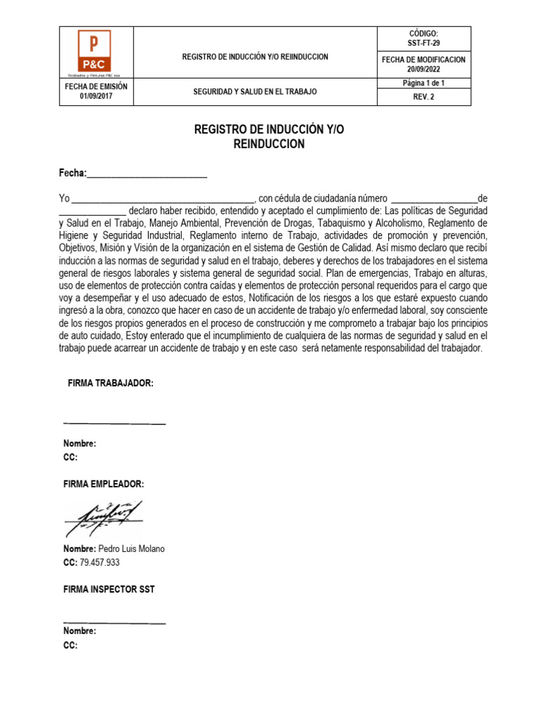 SST-FT-29 Registro de Induccion y Reinduccion | PDF SST-FT-29 Registro de Induccion y Reinduccion | PDF