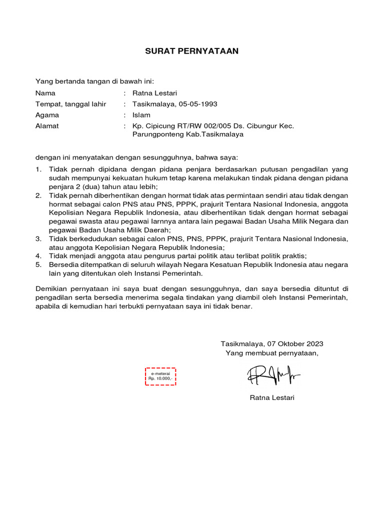 Lampiran IV Surat Pernyataan | PDF | Hukum