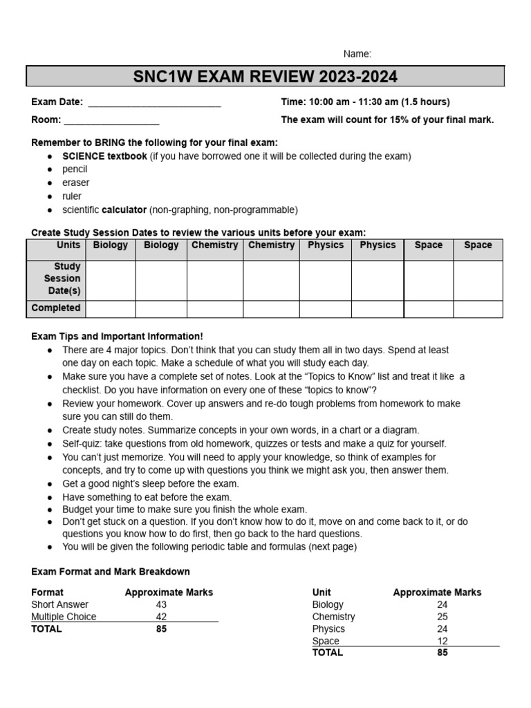 SNC1W Exam Review Guide 2023-2024 | PDF | Atoms | Chemical Elements