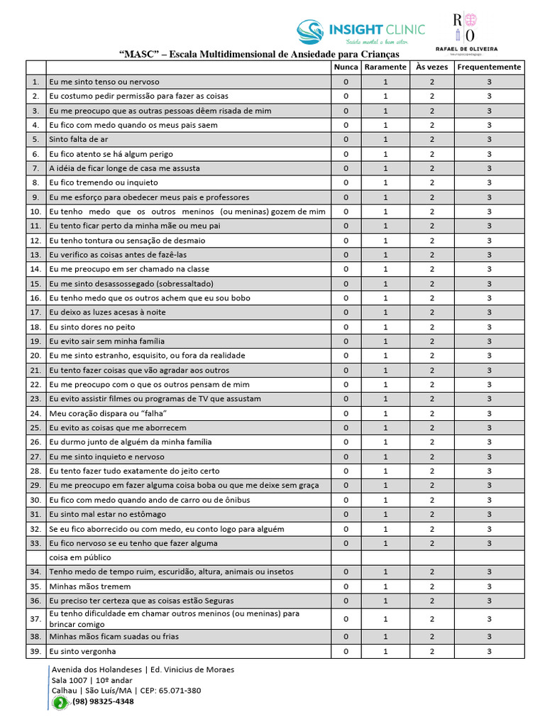 "MASC" - Escala Multidimensional de Ansiedade para Crianças | PDF