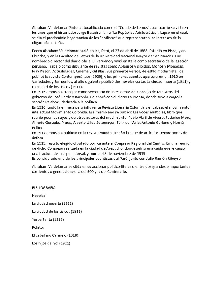 Abraham Valdelomar: Vida y Obra Literaria | PDF