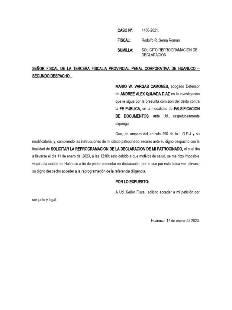 Solicitan Reprogramar Declaración Judicial | PDF