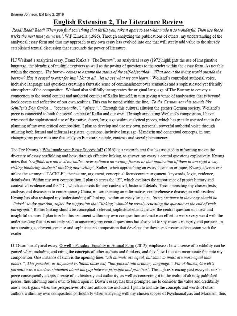A2 Literature Review English Extension 2 | PDF | Essays | Analysis