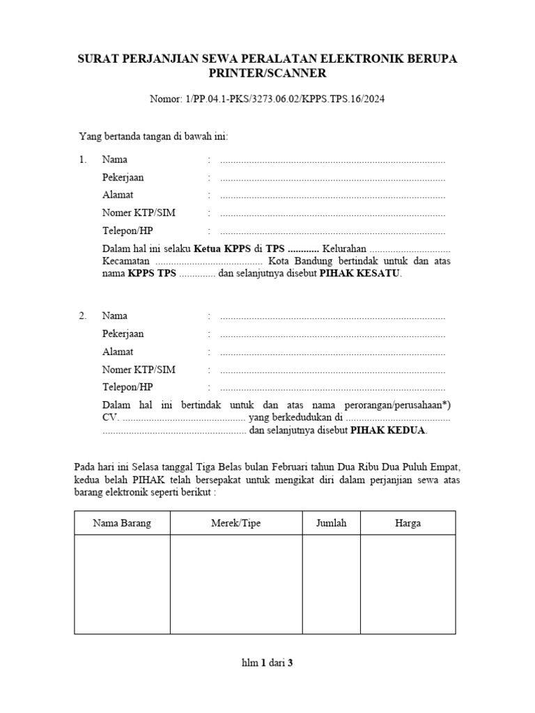 Contoh Perjanjian Sewa Printer-Scanner Pemilu | PDF