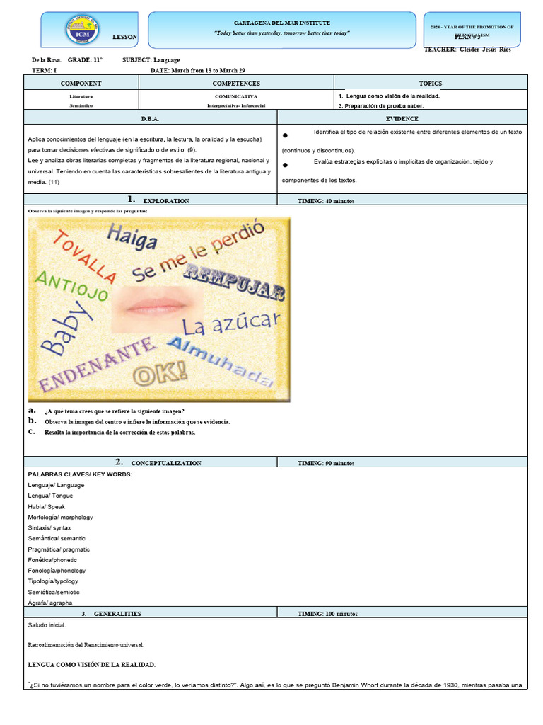 MODELO PLAN DE ASIG 11 Am - LENGUAJE DEL 18 A 29 de Marzo | PDF ...