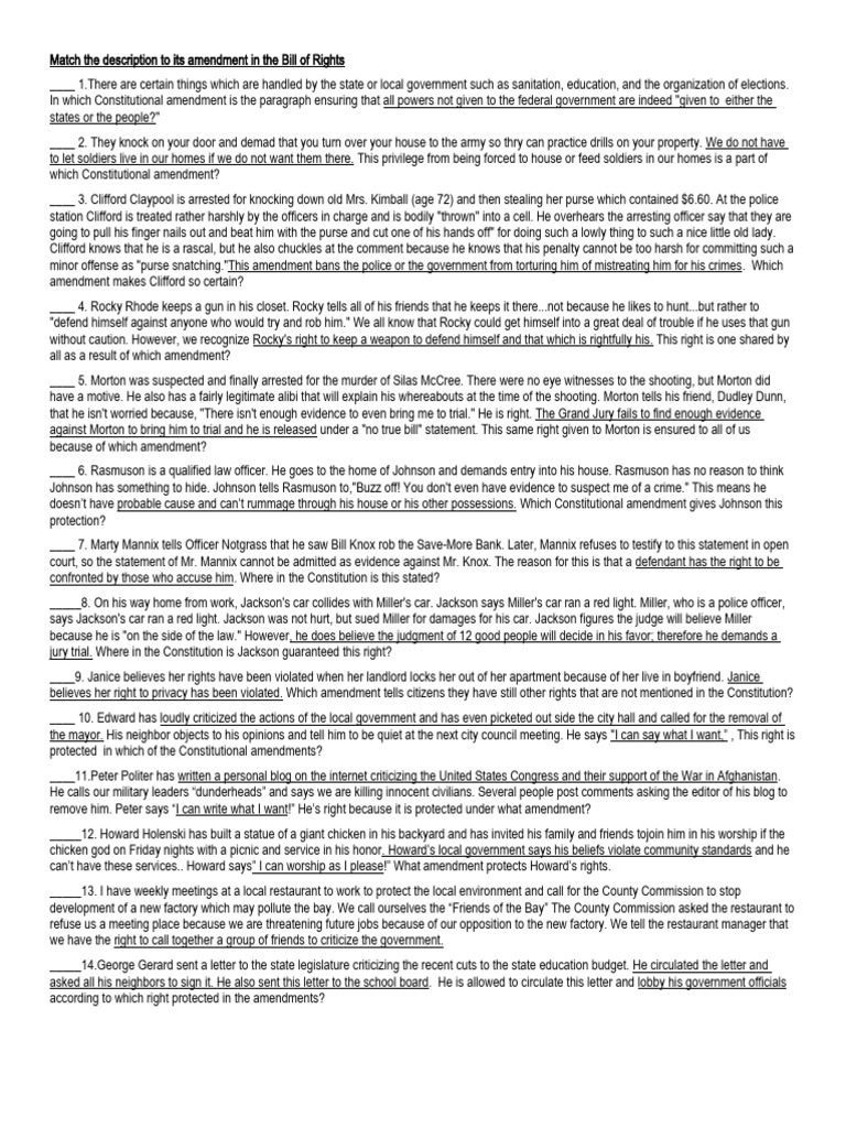 Match The Description To Its Amendment in The Bill of Rights | PDF ...