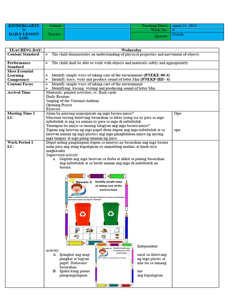 A. Lesson Log Kinder April 24 2024 | PDF