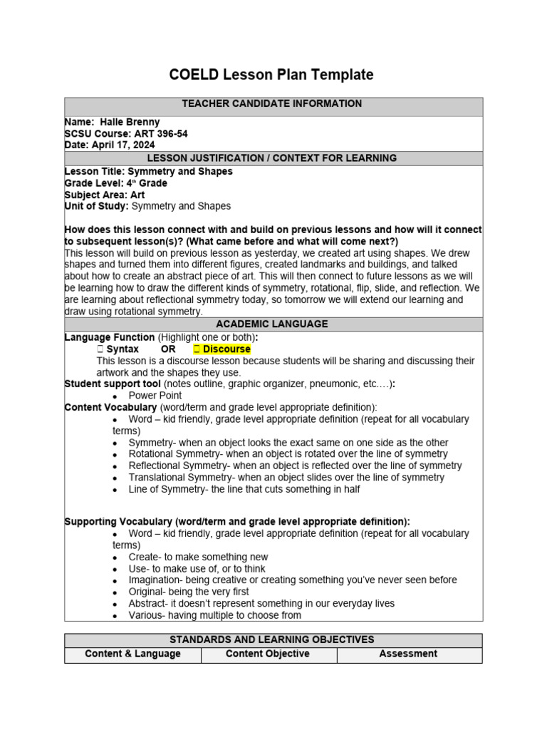 4th Grade Art Lesson on Symmetry | PDF | Symmetry | Vocabulary