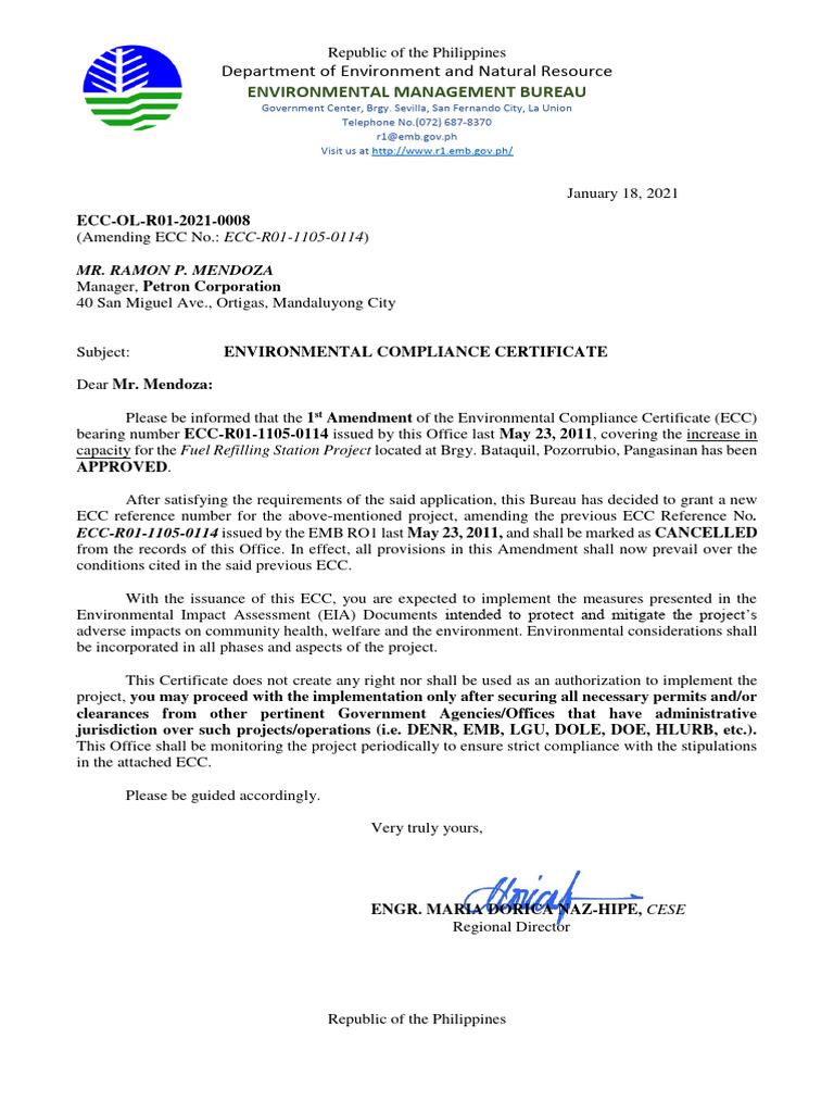 Ecc Petron | PDF | Environmental Impact Assessment | Regulatory Compliance