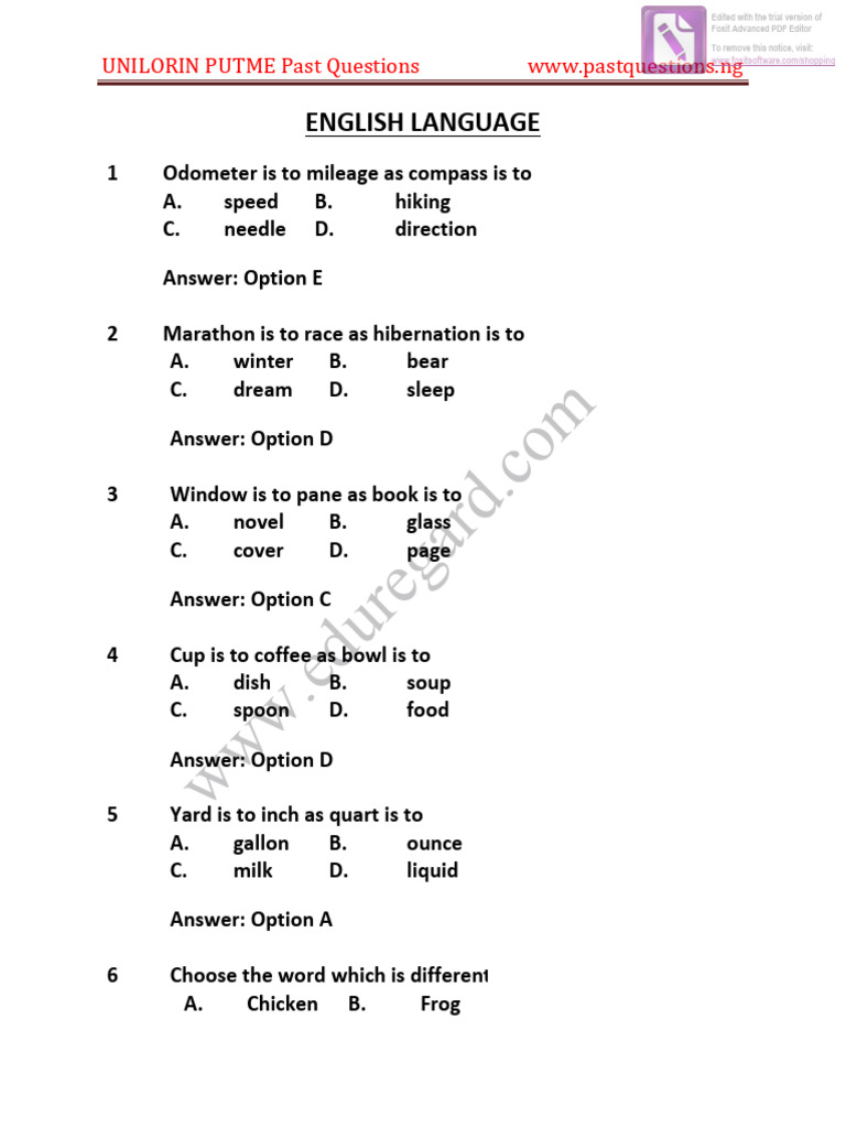 UNILORIN Post UTME Past Questions Answers (Eduregard | PDF