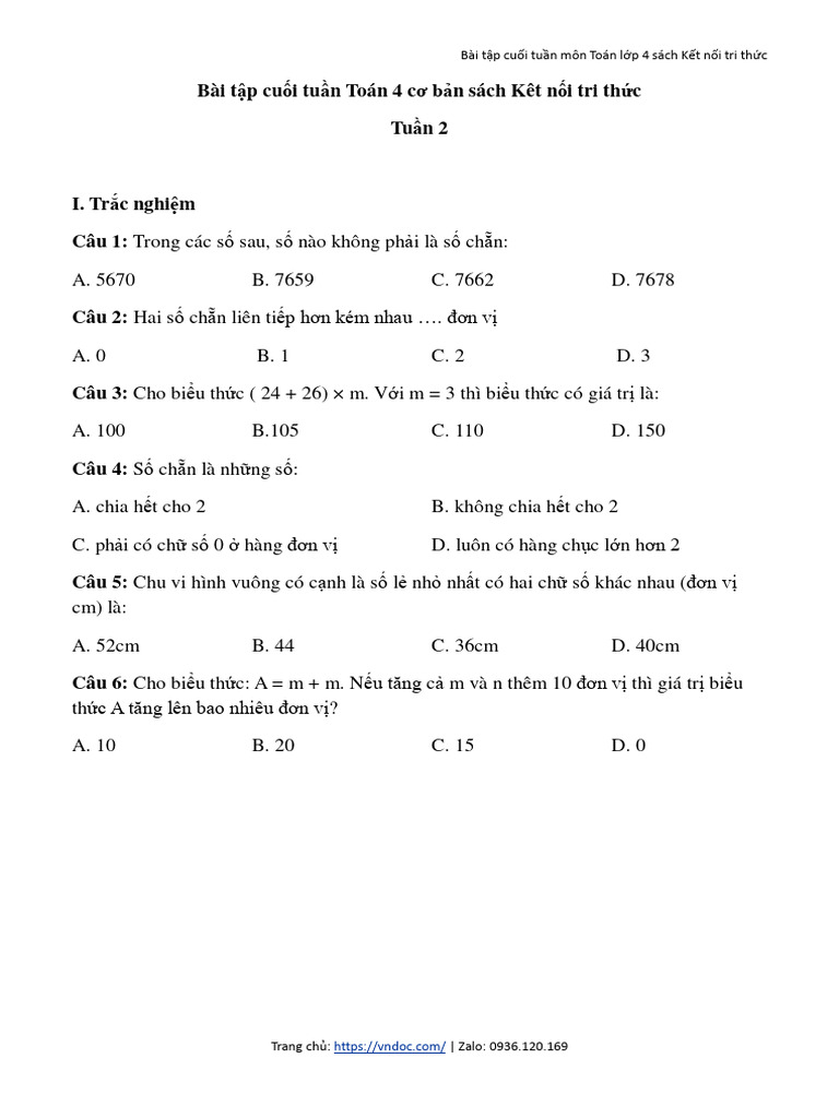 Phieu Bai Tap Co Ban Toan 4 Tuan 2 KNTT | PDF