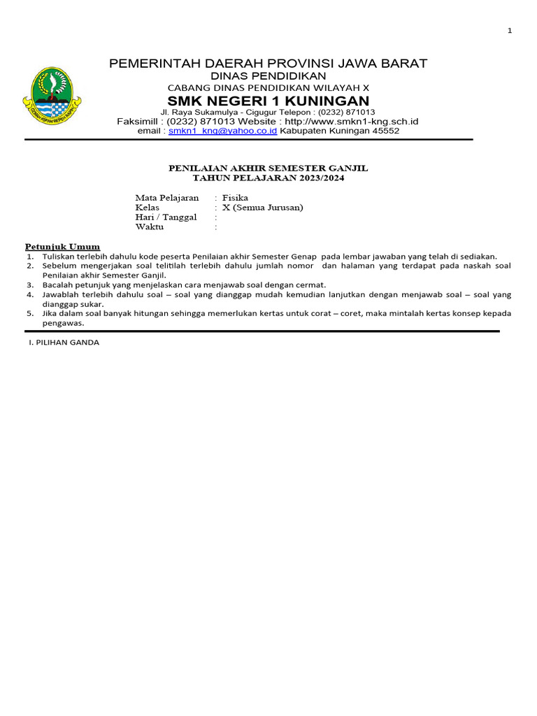 Soal Pas Fisika Ganjil 2023 2024 | PDF