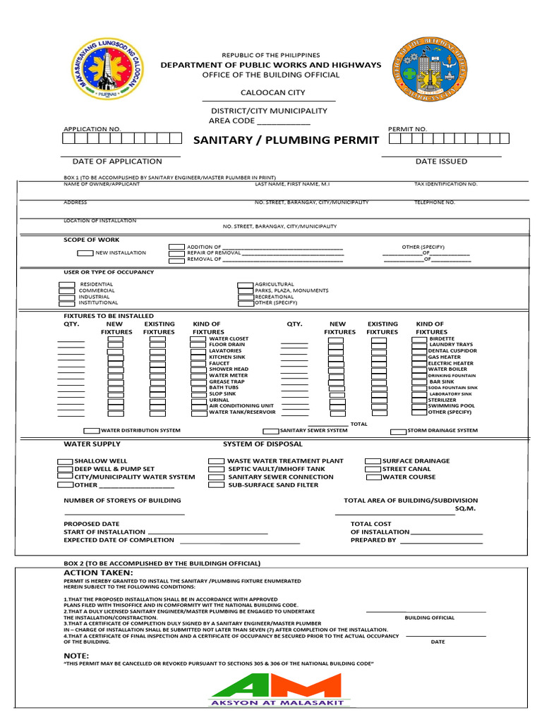 Caloocan Sanitary/Plumbing Permit Form | PDF | Plumbing | Sink