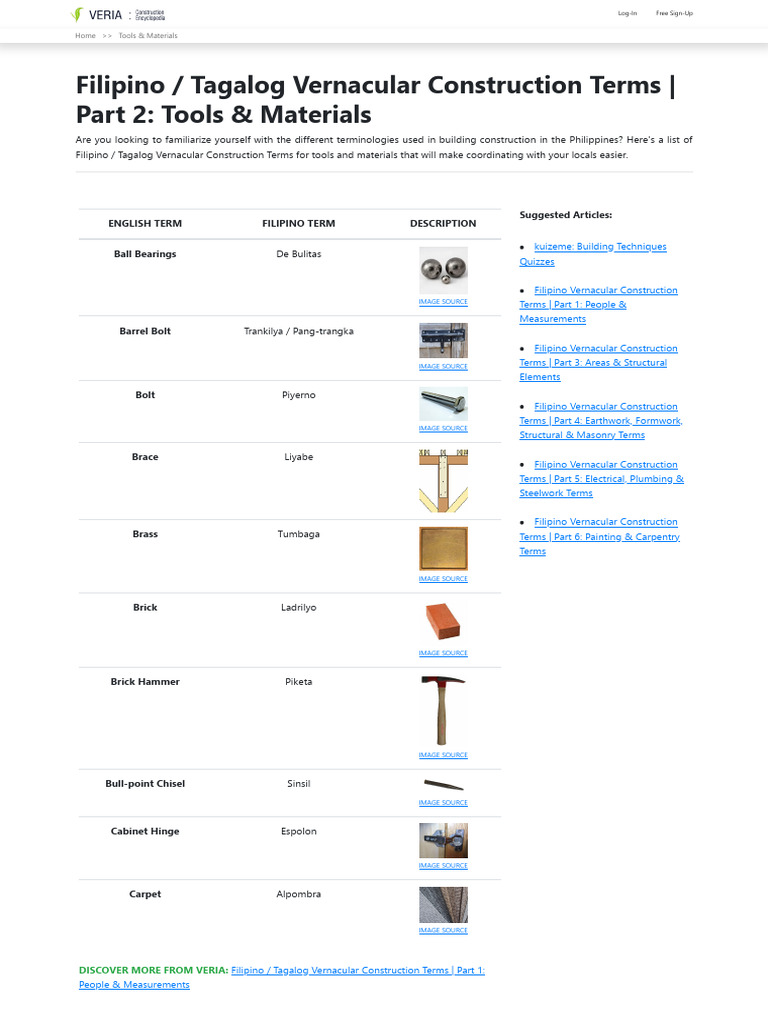 Filipino Vernacular Construction Terms | PDF | Materials | Building ...