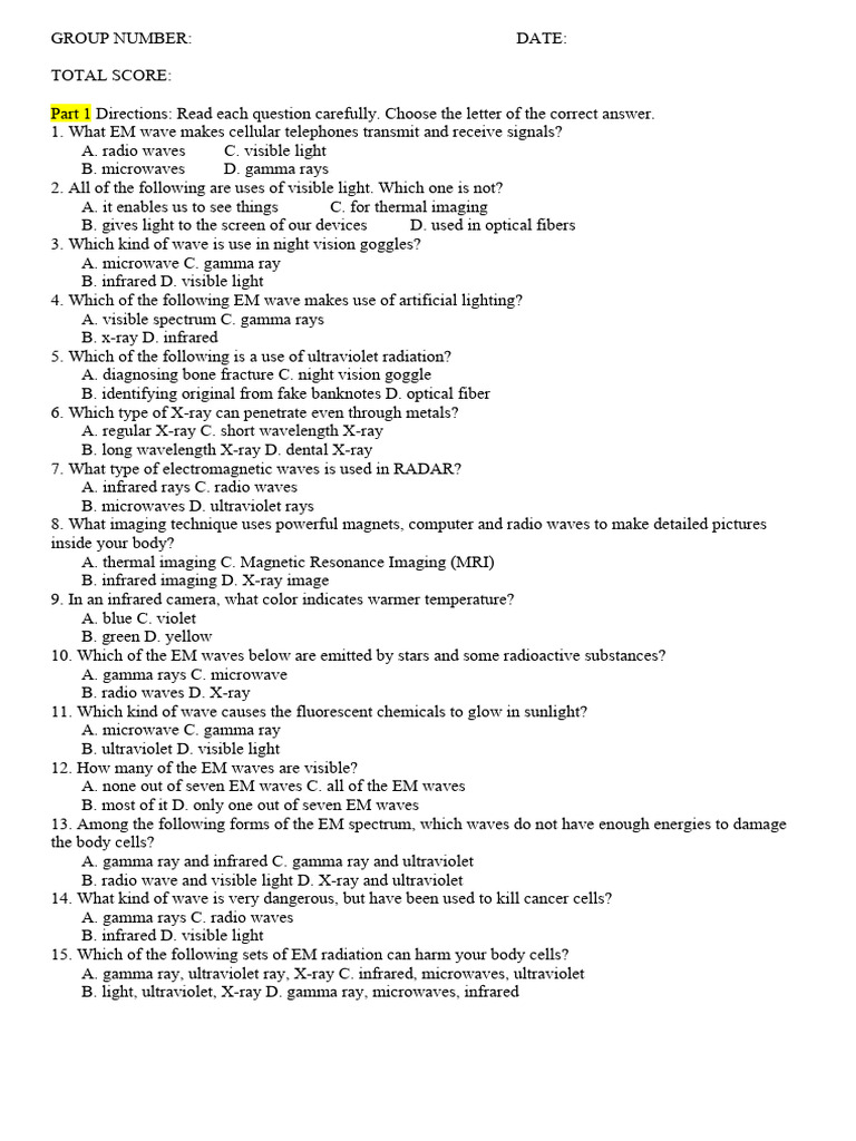 Electromagnetic Waves Quiz and Answers | PDF | Electromagnetic ...