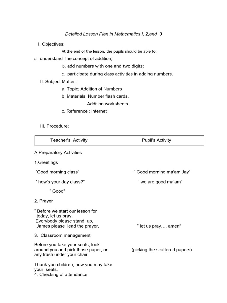 Detailed Lesson Plan For Grade 1 | PDF | Lesson Plan | Learning