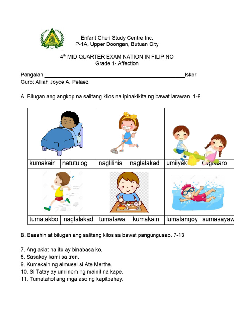 4th Mid Quarter Exam - Filipino 1 | PDF