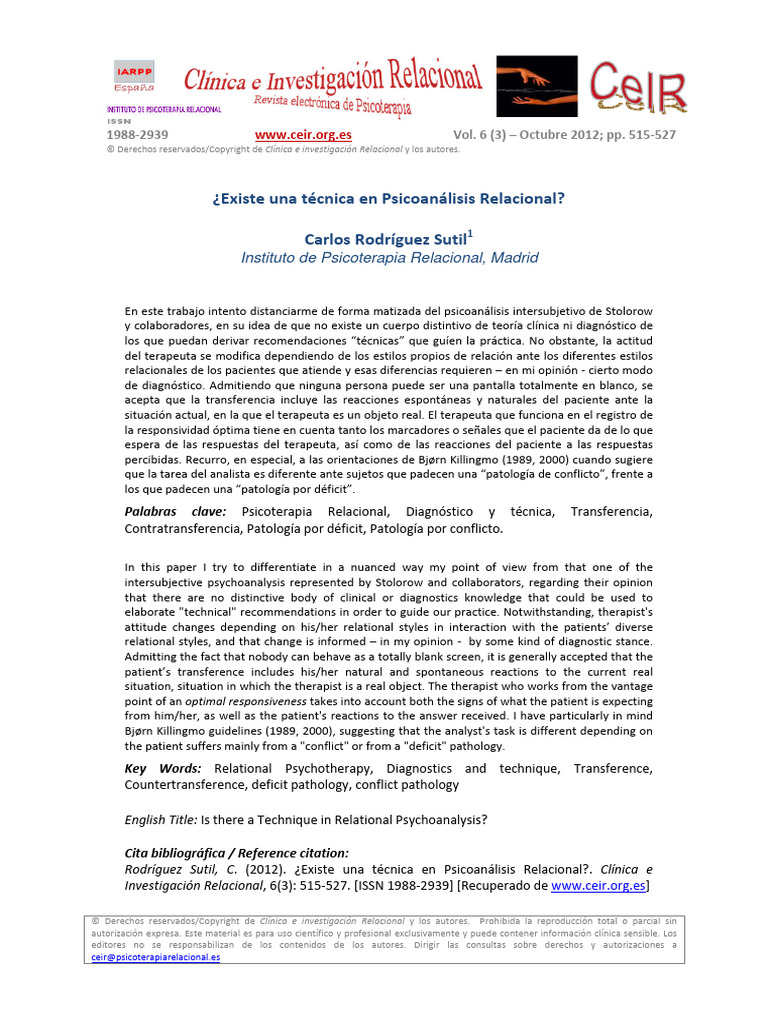 Rodriguez-Sutil - Existe Una Técnica en Psicoan Lisis Relacional - CeIR - V6N3 | PDF ...