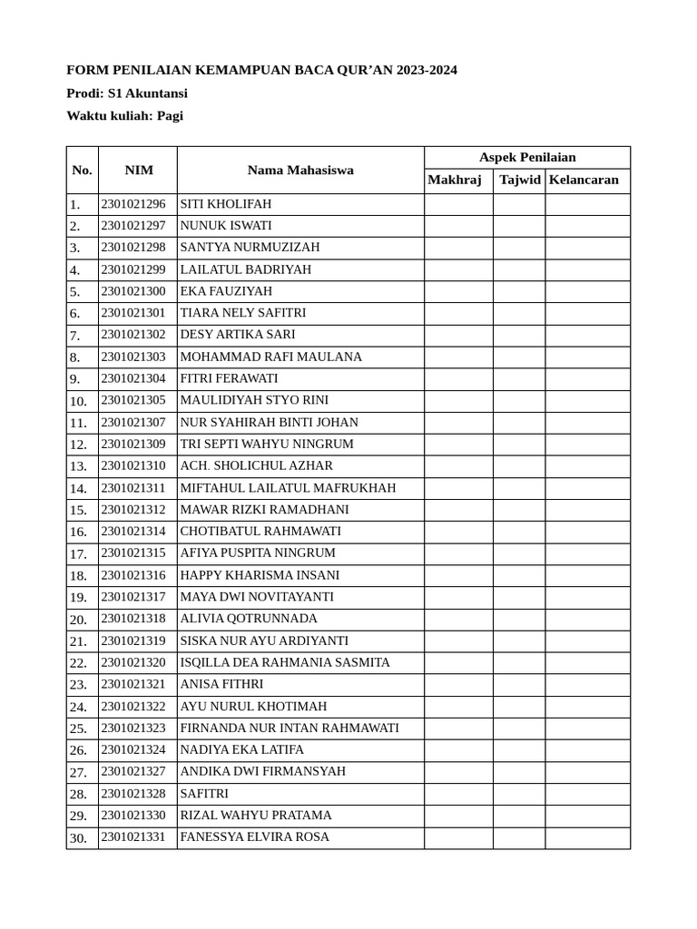 Form Penilaian Baca Quran Ak | PDF