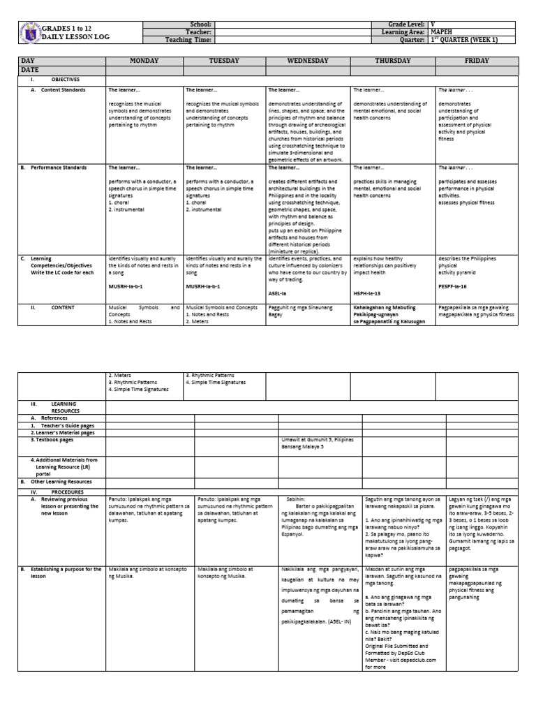 DLL_MAPEH 5_Q1_W1 | PDF