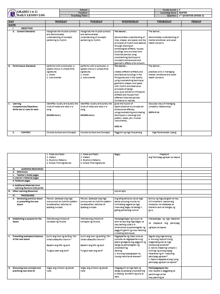 DLL - Mapeh 5 - Q1 - W3 | PDF