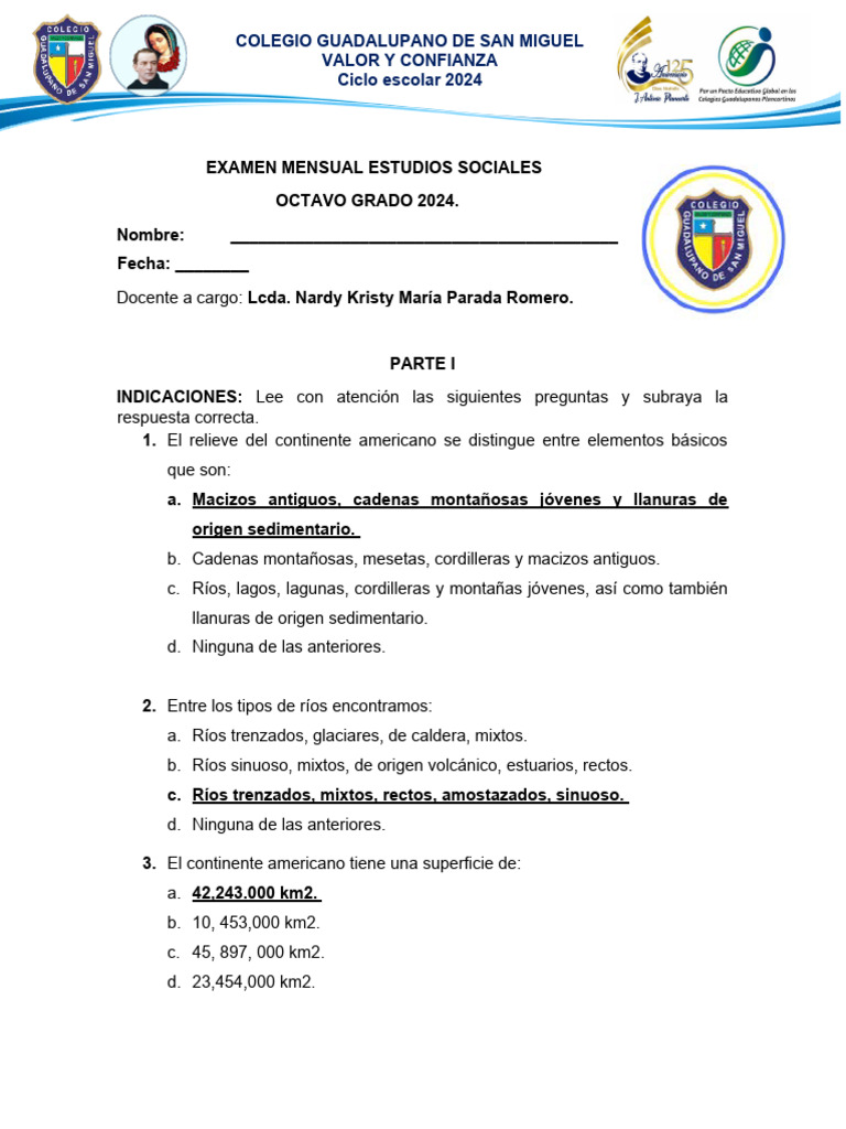 Examen Mensual de Estudios Sociales-Octavo Grado-Nardy | PDF | Río ...