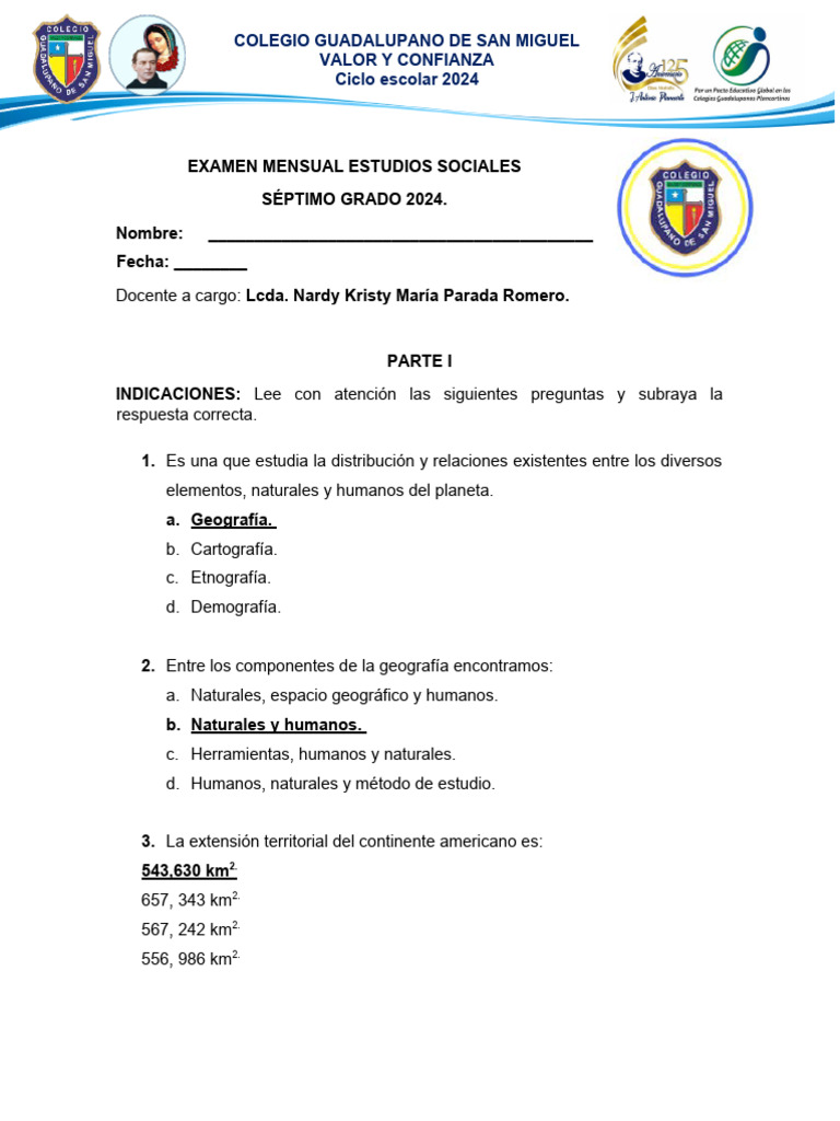 Examen Mensual de Estudios Sociales-Séptimo Grado-Nardy | PDF | Centroamérica | Ciencias de la ...