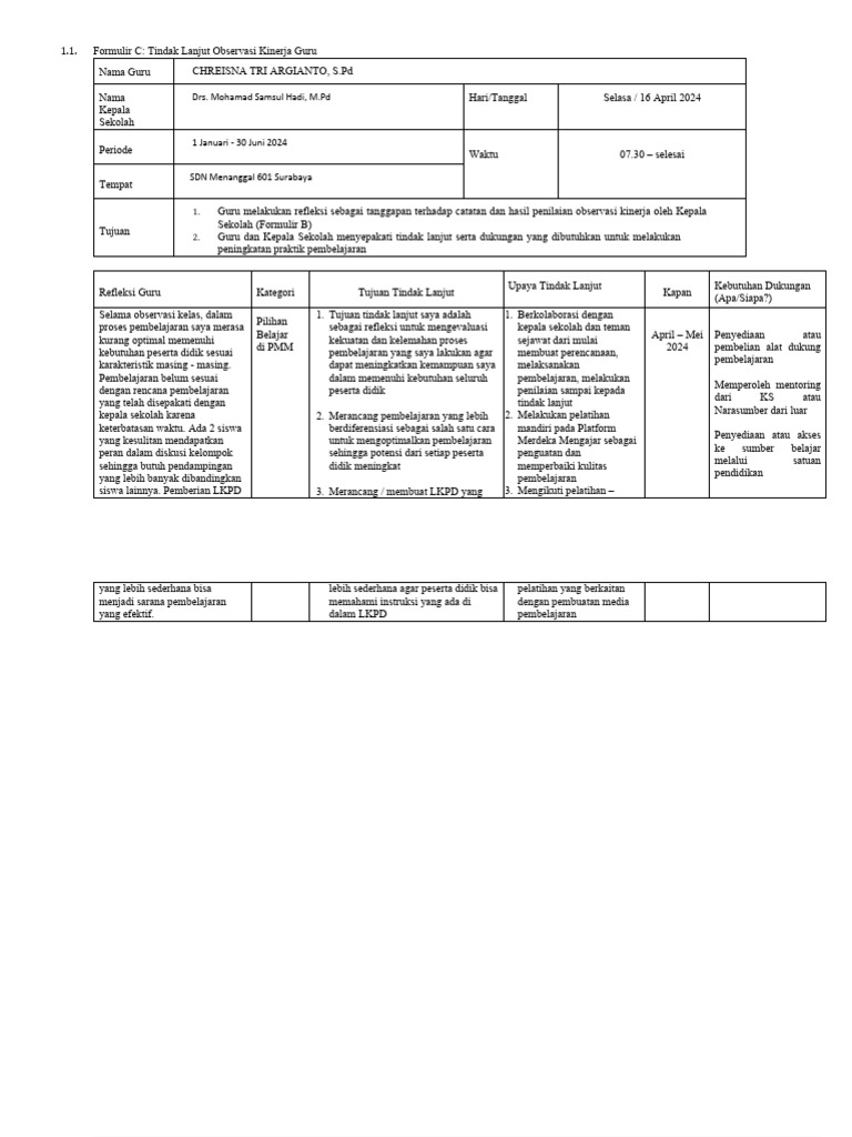 Rubrik Observasi Kinerja Guru Form C | PDF | Karier & Perkembangan