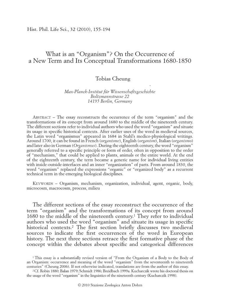 What Is An "Organism"? On The Occurrence of A New Term and Its ...