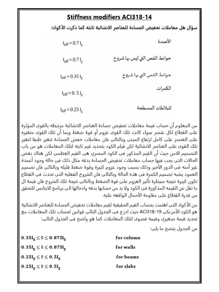 Stiffness Modifiers ACI318-14 | PDF