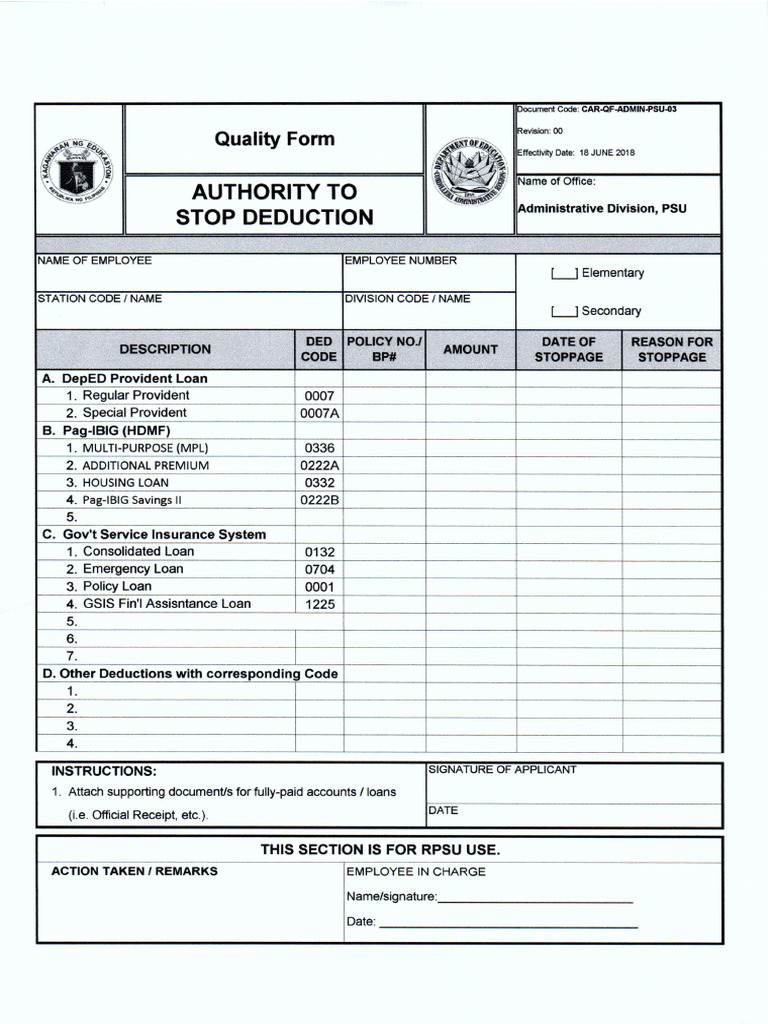 Authority To Stop Deduction Form | PDF