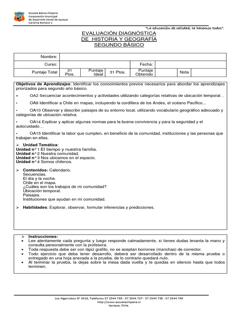 Prueba Diagnóstico 2° Historia 2024 | PDF | Chile