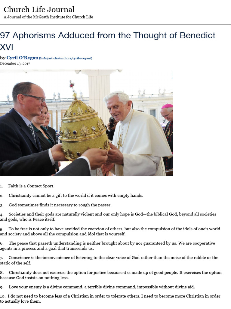 97 Aphorisms Adduced From The Thought of Benedict XVI - Church Life ...