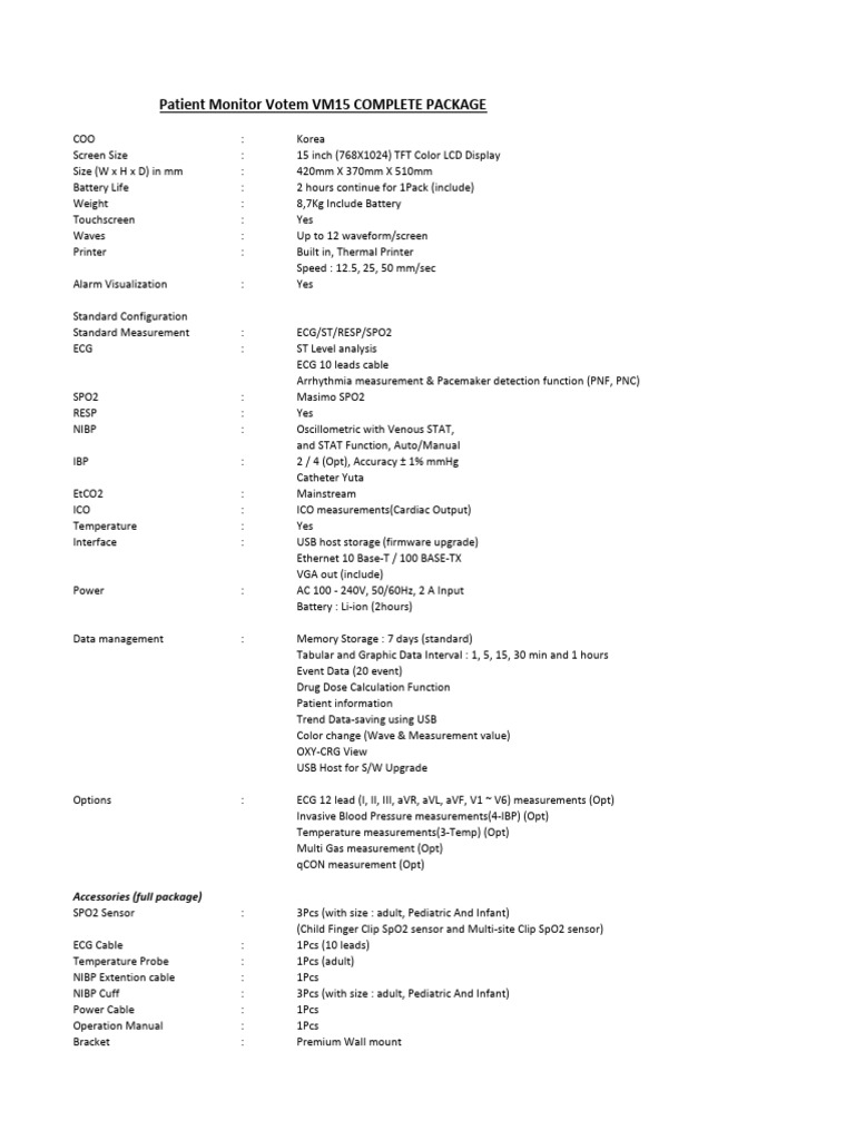 Votem VM15 Patient Monitor Specs | PDF | Electrocardiography | Blood ...