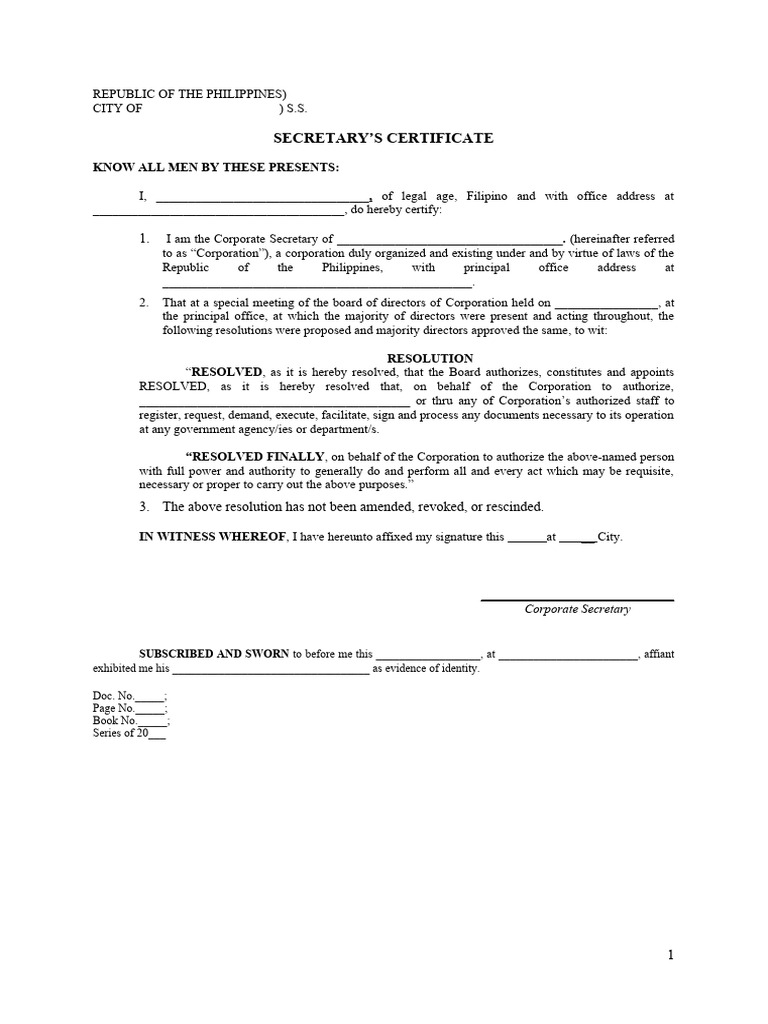 Secretary Certificate For Authorization of Company Registration ...