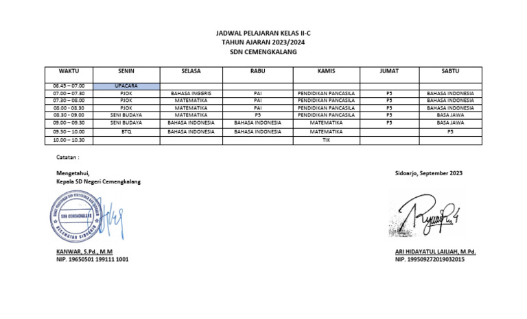 Jadwal Pelajaran Kelas 2C | PDF