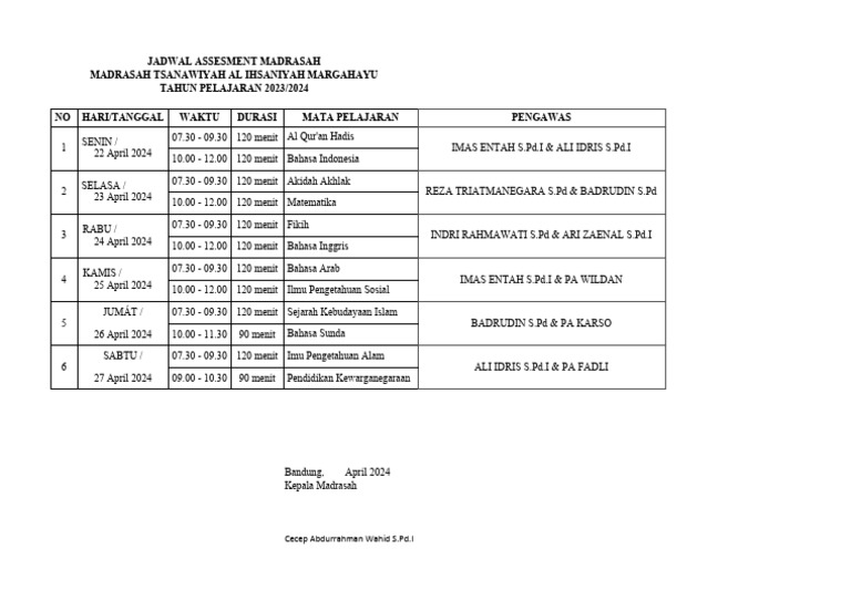 Jadwal Pengawas Am 2024 | PDF