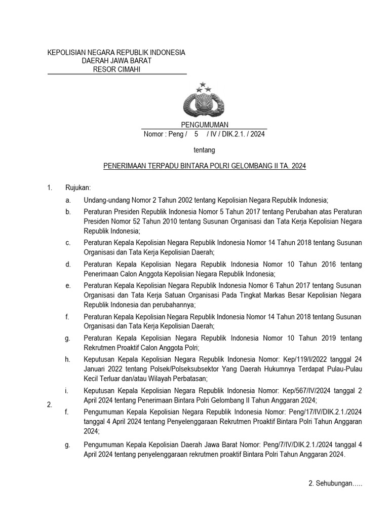 Pengumuman Bintara Rekpro T.A. 2024 | PDF