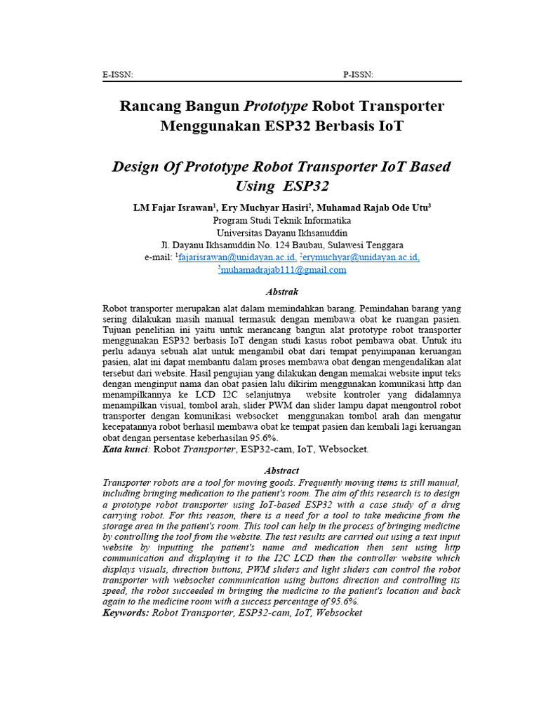 RANCANG BANGUN PROTOTYPE ROBOT TRANSPORTER MENGGUNAKAN ESP32 BERBASIS Iot | PDF