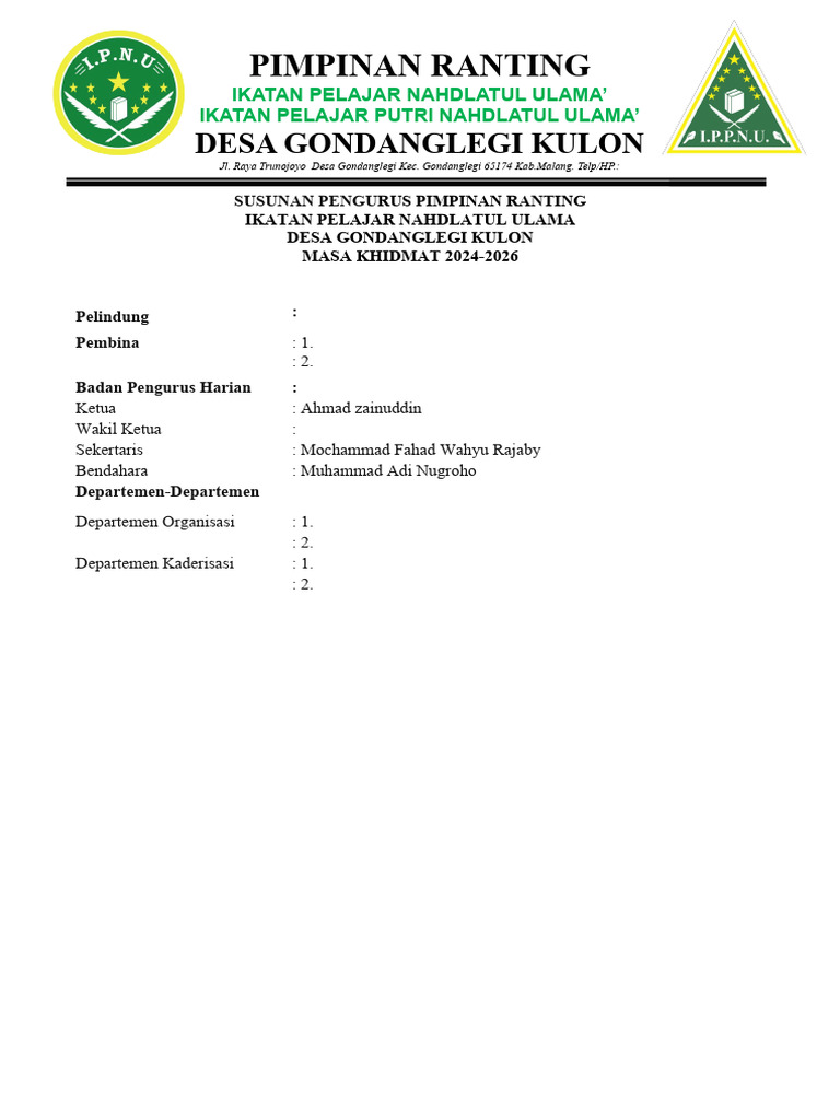 Susunan Pengurus IPNU & IPPNU 2024-2026 | PDF