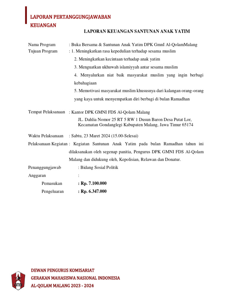 Laporan Keuangan Santunan Anak Yatim | PDF | Griya & Taman