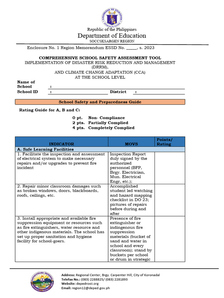 DRRM Comprehensive School Safety Assessment Tool | PDF | Emergency ...