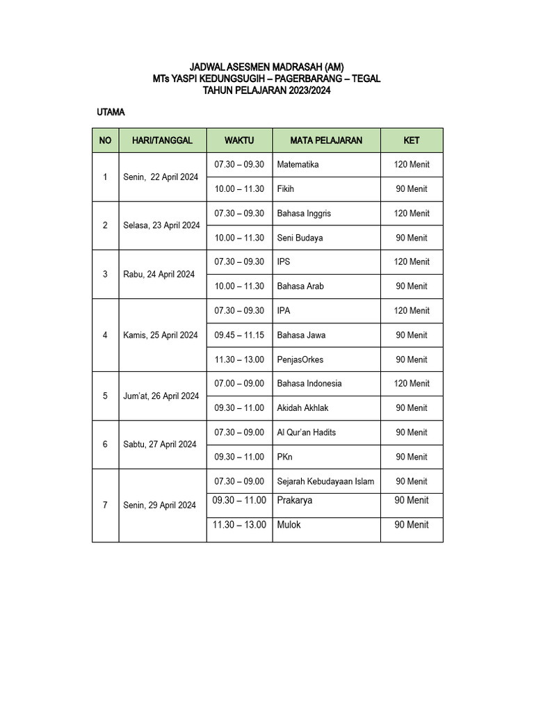 Jadwal Asesmen Madrasah MTs YASPI 2024 | PDF