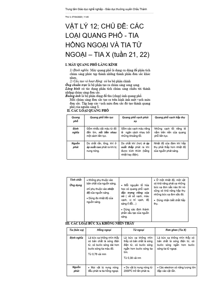 VẬT LÝ 12; CHỦ ĐỀ - CÁC LOẠI QUANG PHỔ - TIA HỒNG NGOẠI VÀ TIA TỬ NGOẠI - TIA X (tuần 21, 22) | PDF