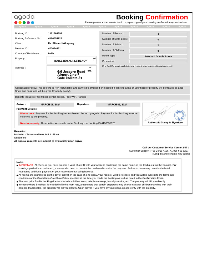 Confirmation For Booking ID # 1121966993 | PDF | Payments