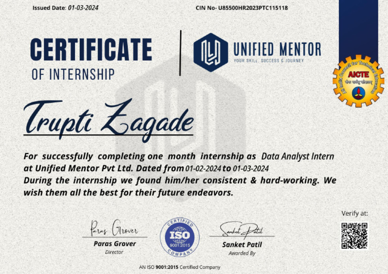 Data Analyst Internship Certificate | PDF