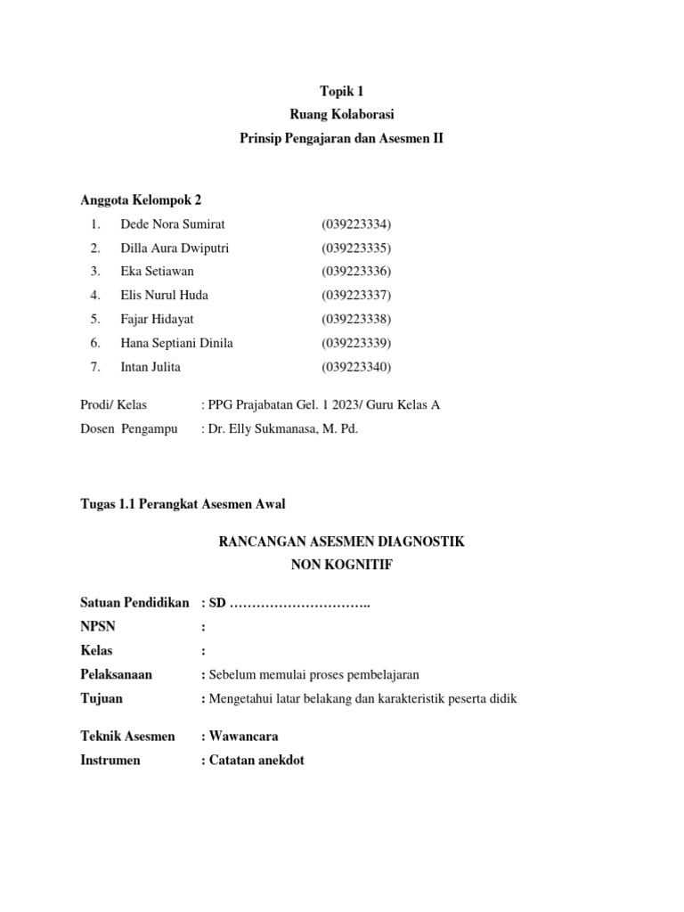 Topik 1_Tugas 1.1 Ruang Kolaborasi_Kelompok 2_Prinsip Pengajaran Asesmen II.docx | PDF